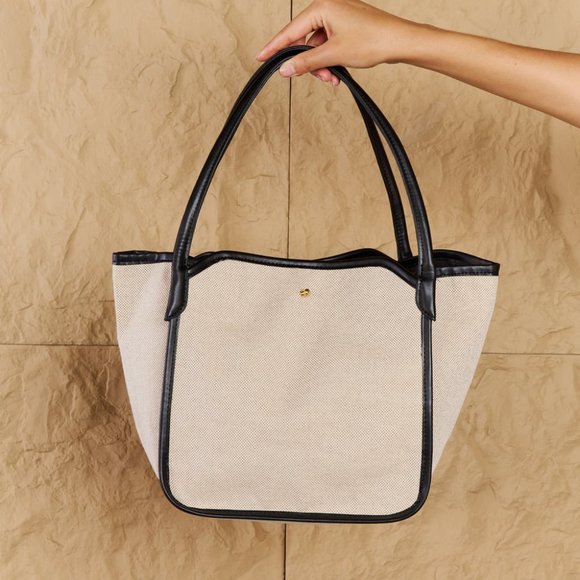 Fame | Bags | Fame Beach Chic Faux Leather Trim Tote Bag In Black ...